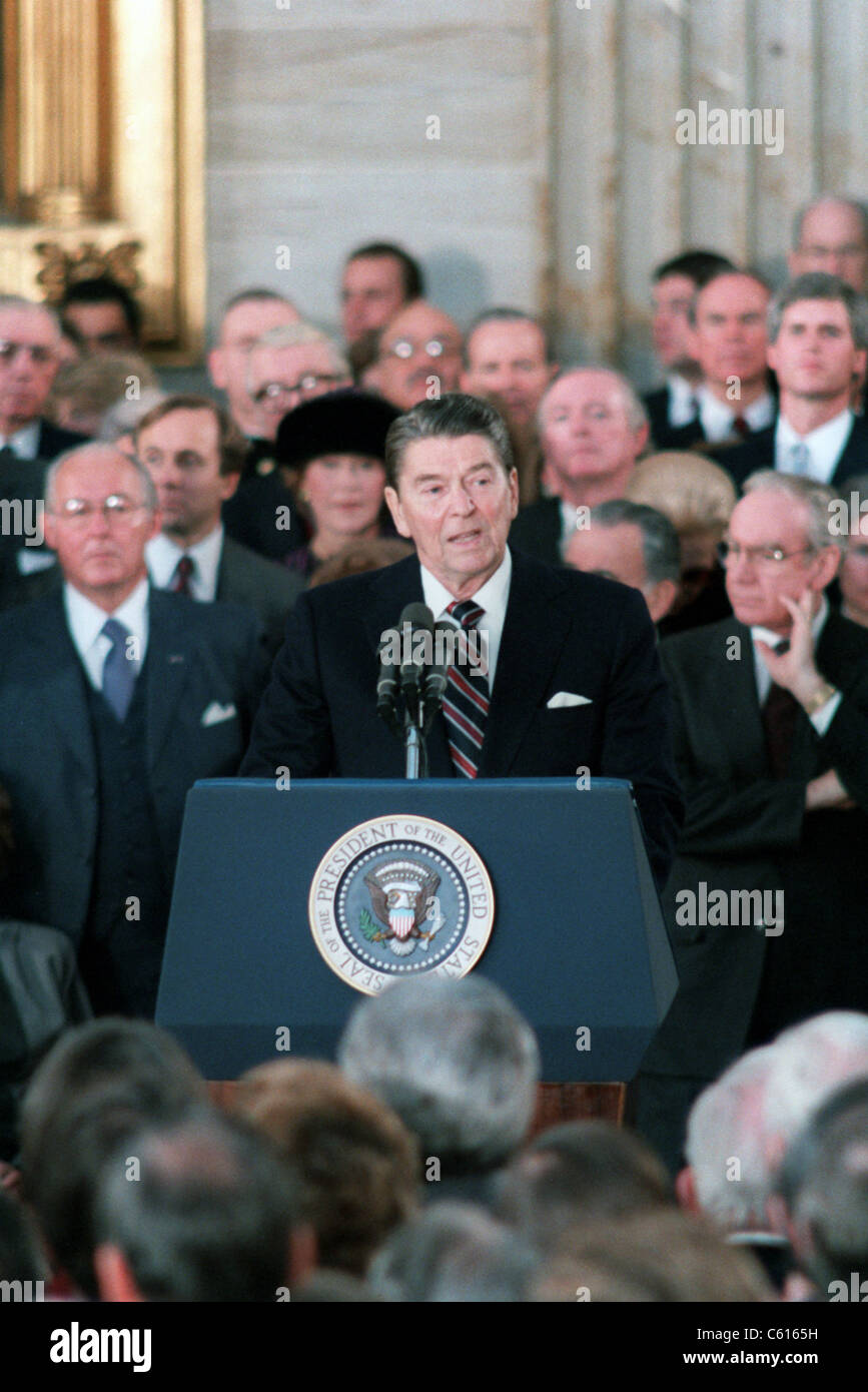 President Reagan delivers his second inaugural address after being ...