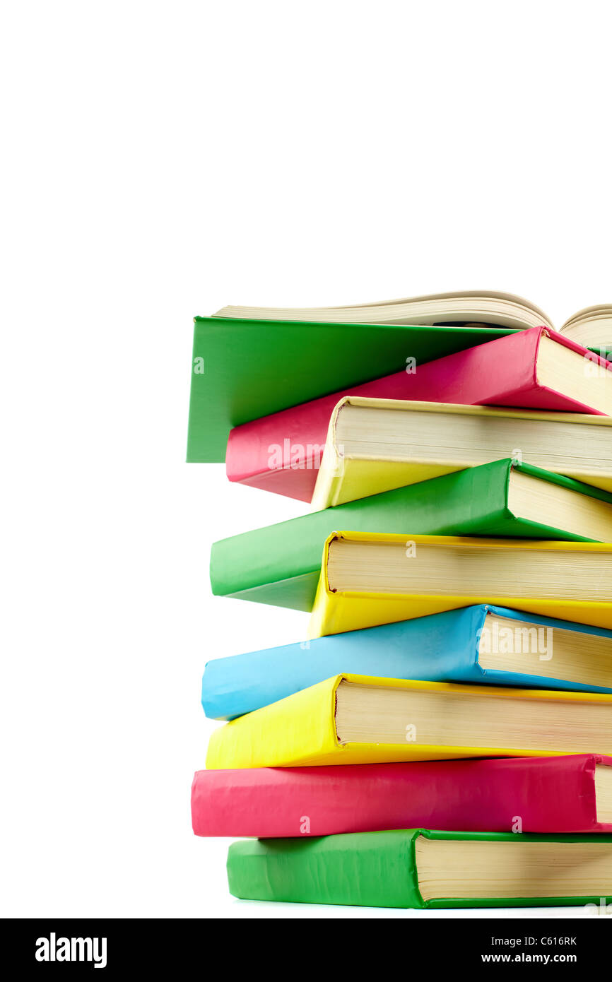 Colorful stack of books with open encyclopaedia on its top Stock Photo ...