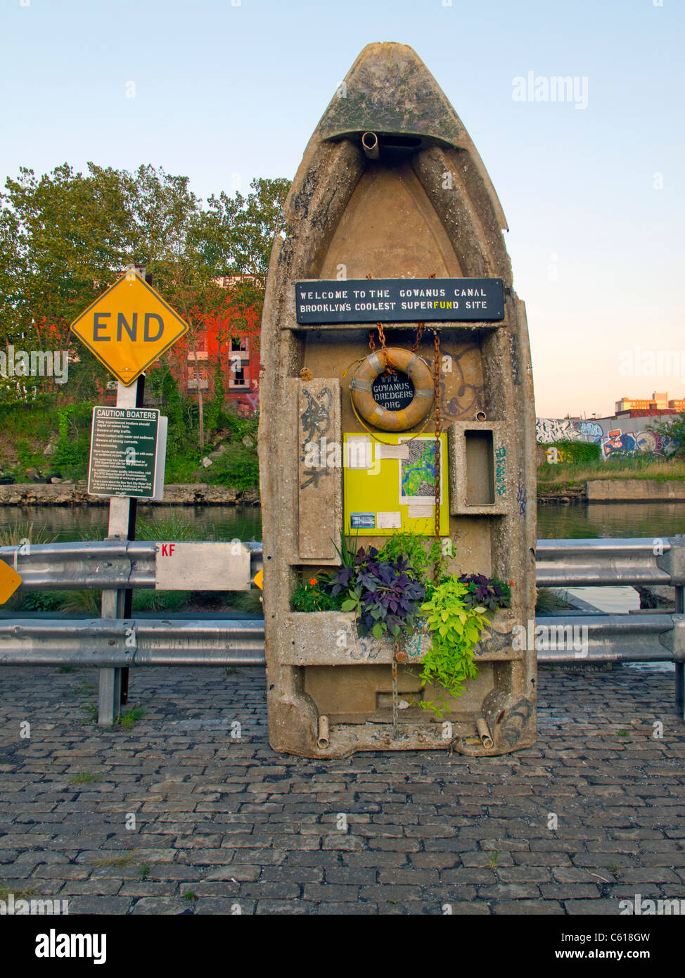 Gowanus canal superfund site boat sign Stock Photo - Alamy