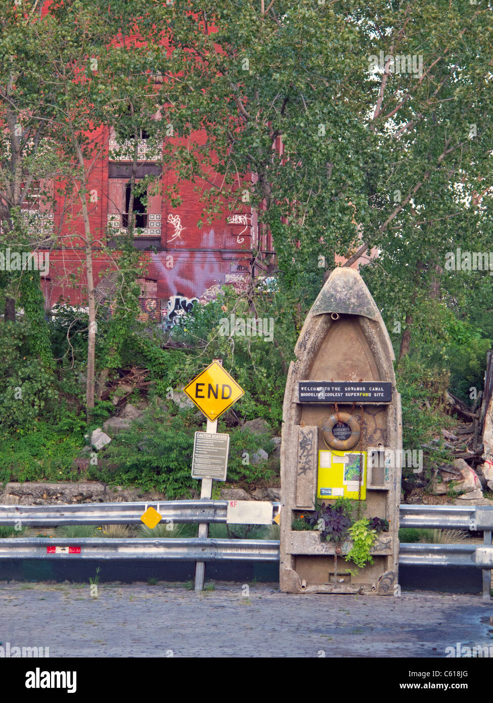 Gowanus canal superfund site boat sign Stock Photo - Alamy