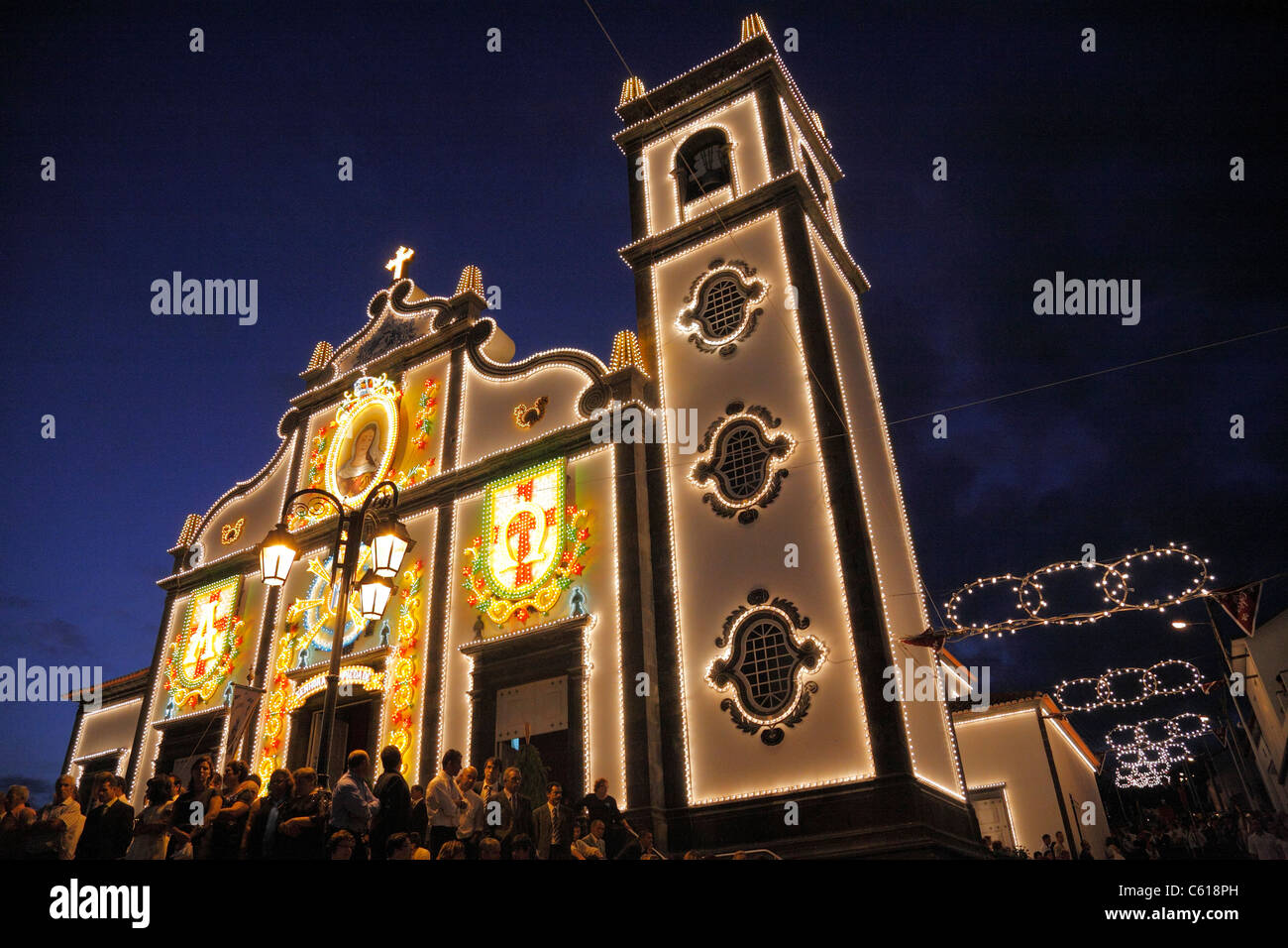 Night photo of the catholic church in the parish of Ponta Garça, Sao ...