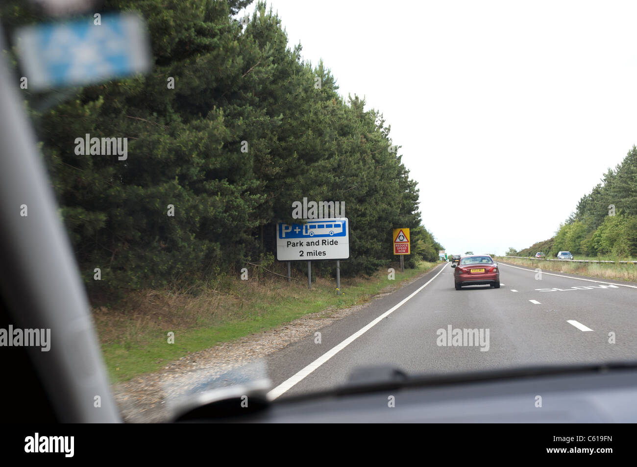 Car approaching Park and Ride road sign, A14, Ipswich, Suffolk, UK ...