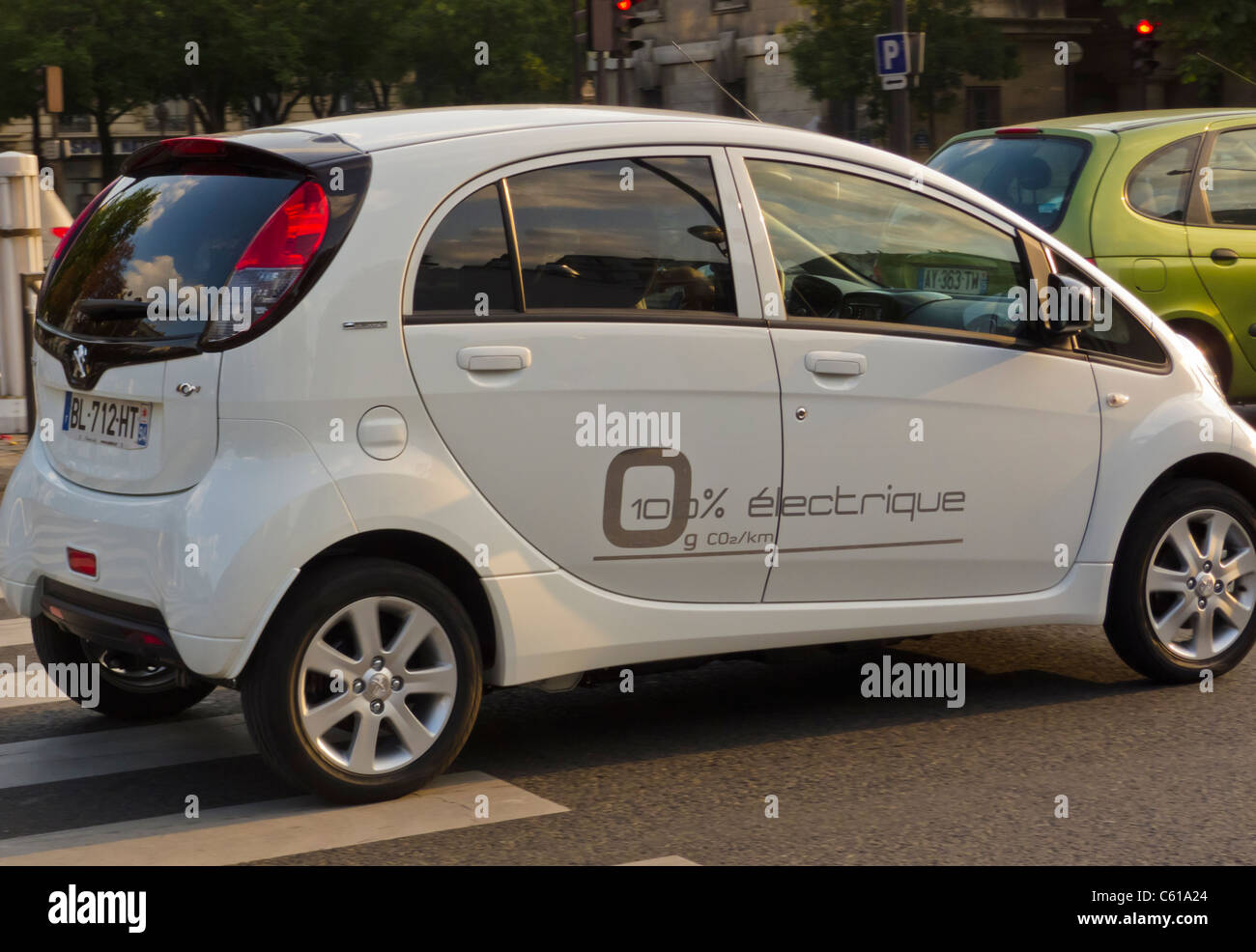 Paris, France, Electric Green Car on Street "Smart", Driving Electric ...