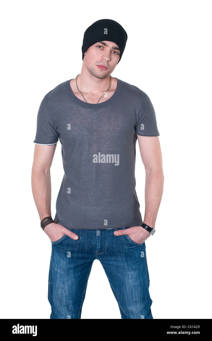 Beautiful young man in a black cap Stock Photo - Alamy