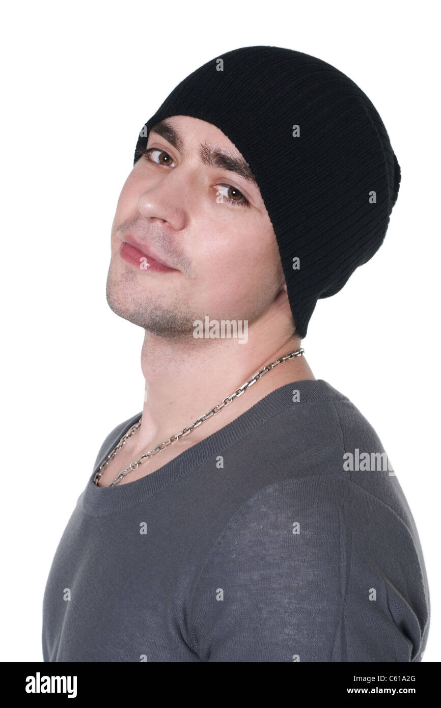 Beautiful young man in a black cap Stock Photo - Alamy
