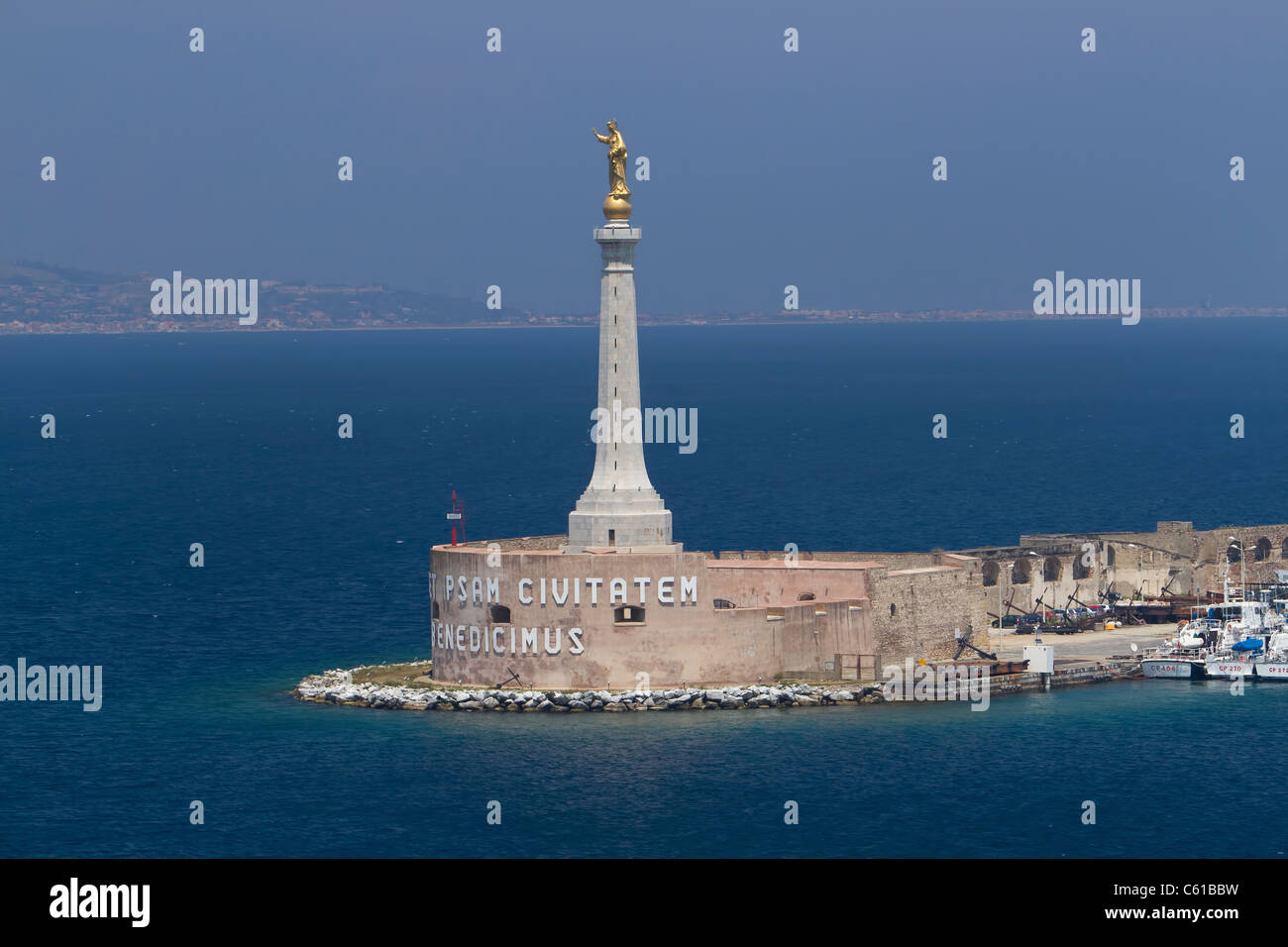 Messina Sicily Italy harbor entrance with statue and memorial. Stele of ...