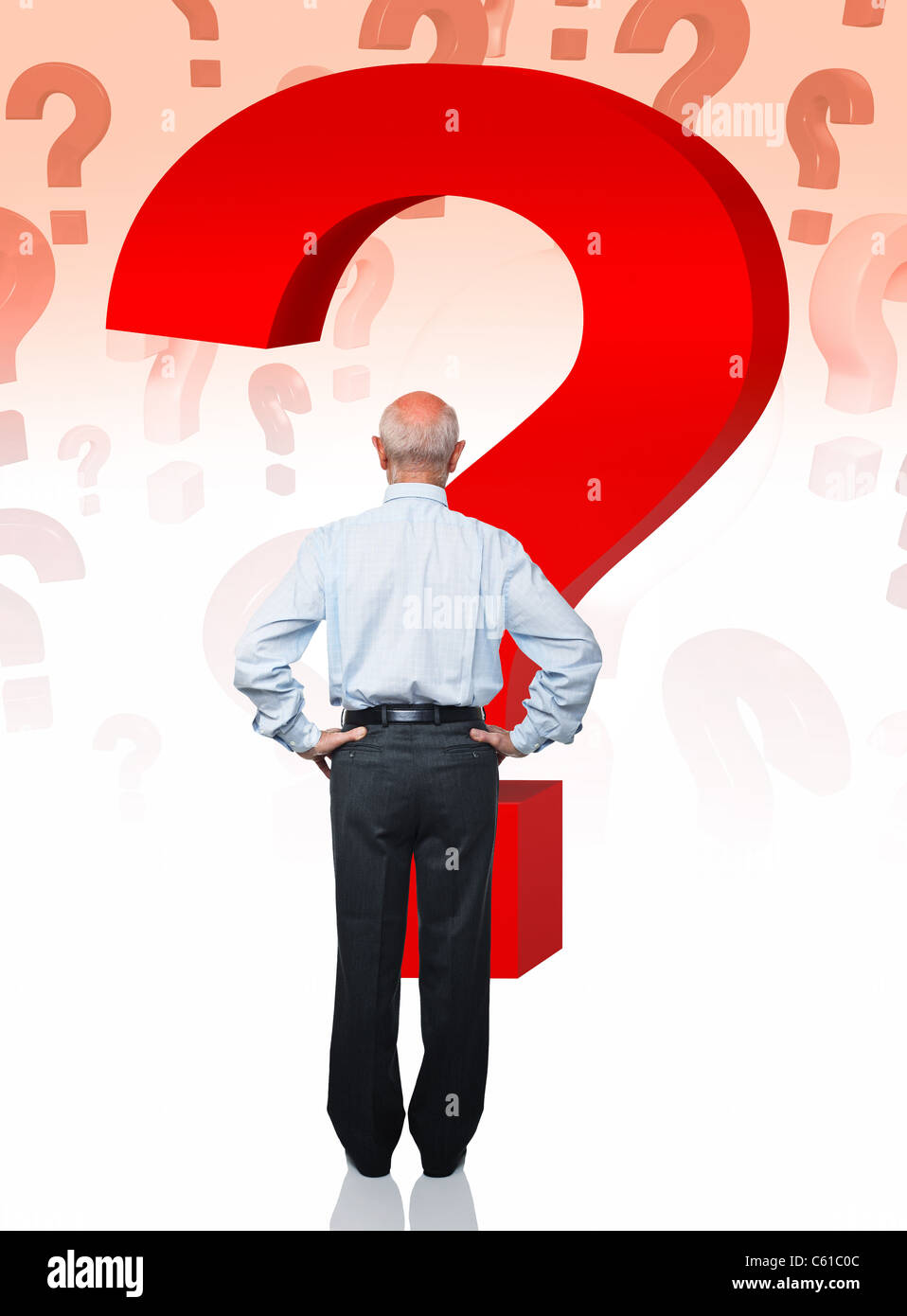 portrait of senior caucasian worker with question mark Stock Photo - Alamy