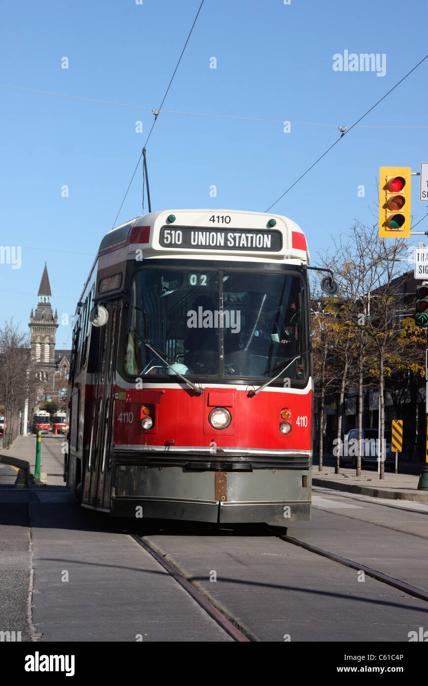 Tramcar of Toronto Transit Commission TTC runs towards Union Station ...