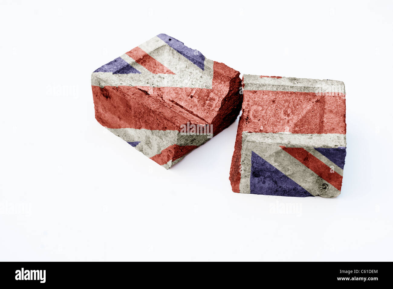 Union Jack on a broken brick on white background . Concept representing ...
