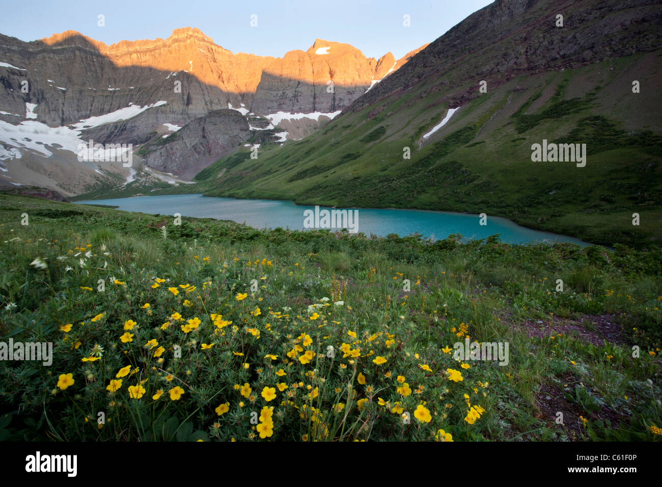 Cracker Lake at dusk, Glacier National Park, Montana, USA Stock Photo ...