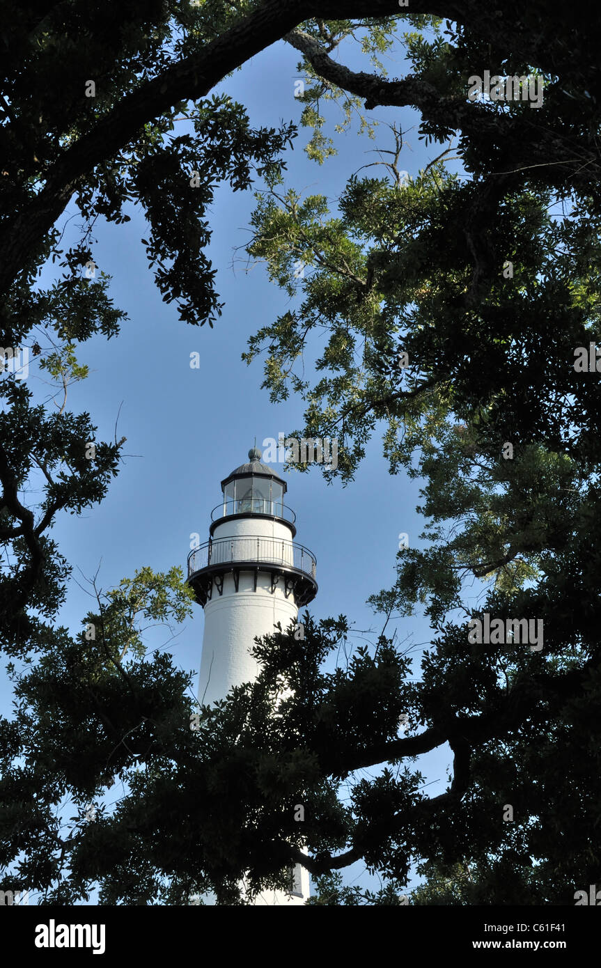 View of Saint Simon island lighthouse through trees, Saint Simon island ...