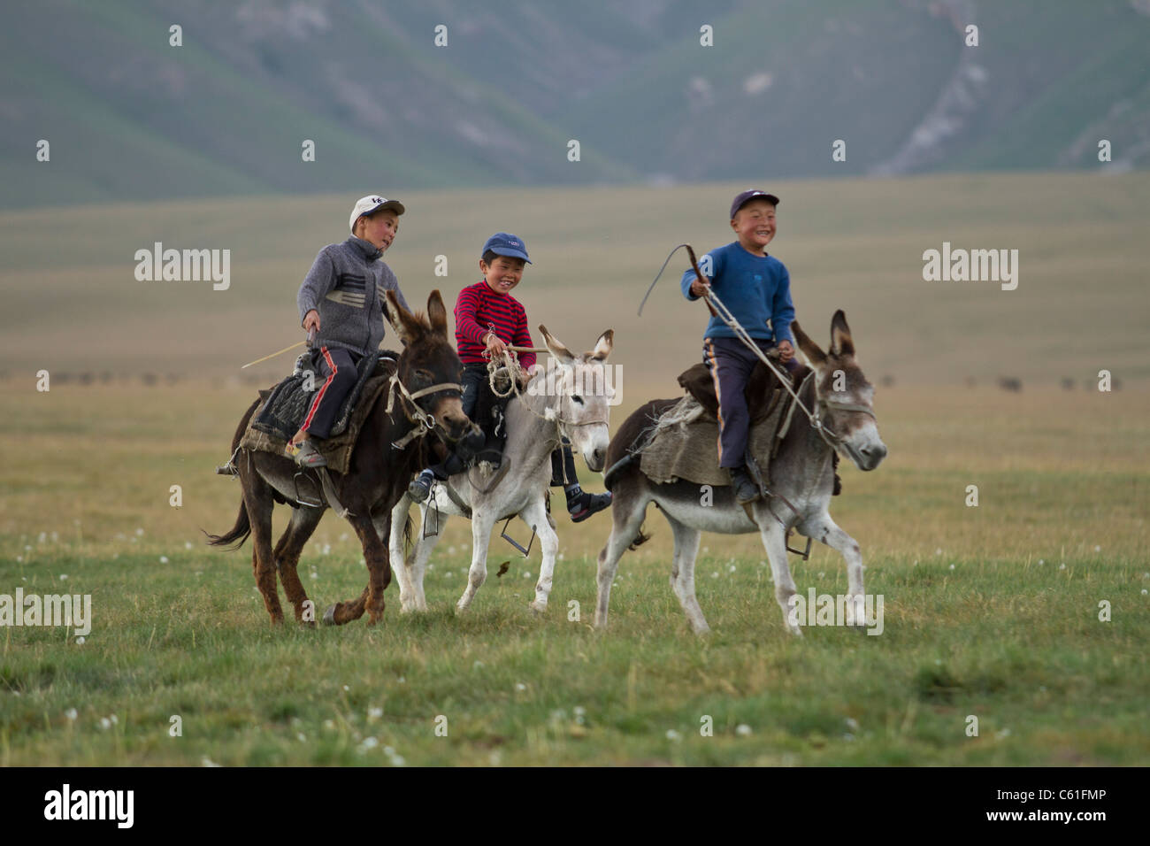 Three children riding on a donkeys, Kyrgyzstan Stock Photo - Alamy