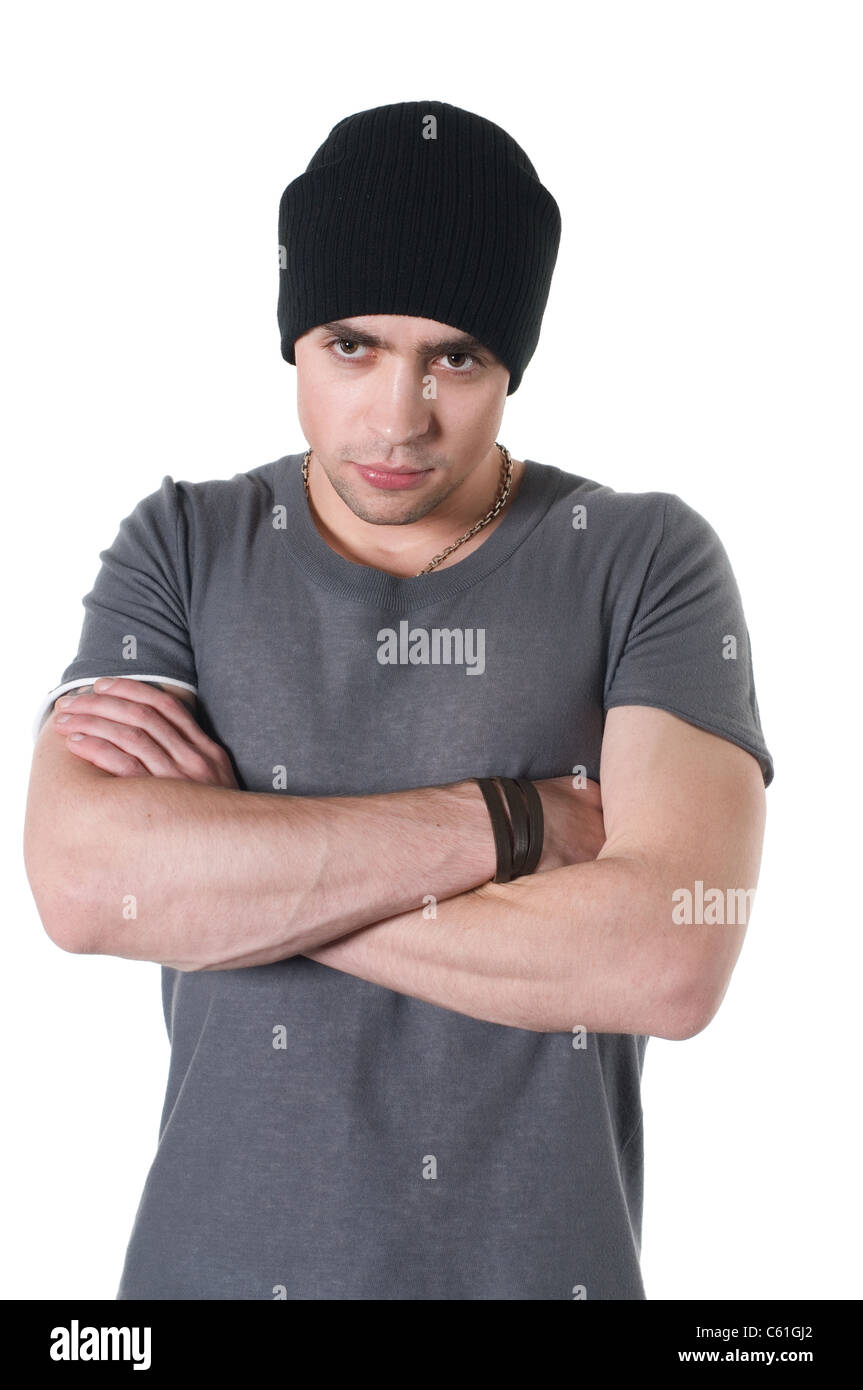 Beautiful young man in a black cap Stock Photo - Alamy