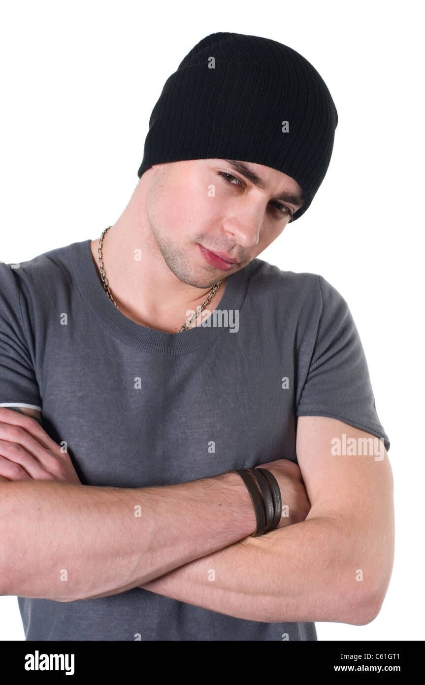 Beautiful young man in a black cap Stock Photo - Alamy