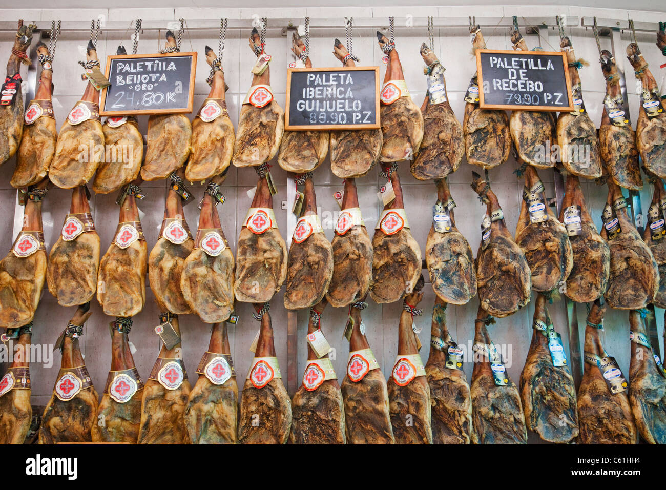 Spain, Barcelona, Typical Meat Shop Display Stock Photo - Alamy