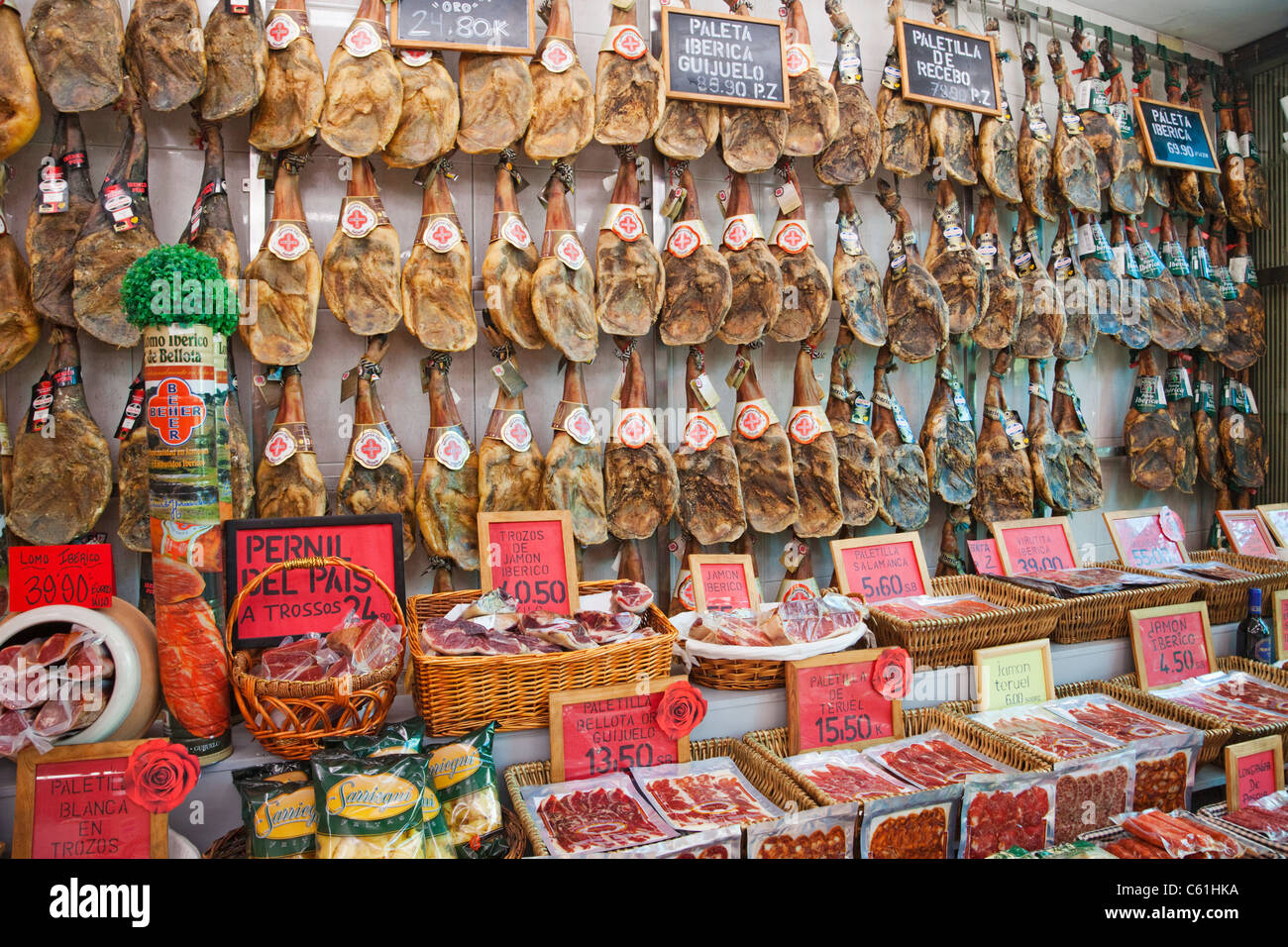 Spain, Barcelona, Typical Meat Shop Display Stock Photo - Alamy