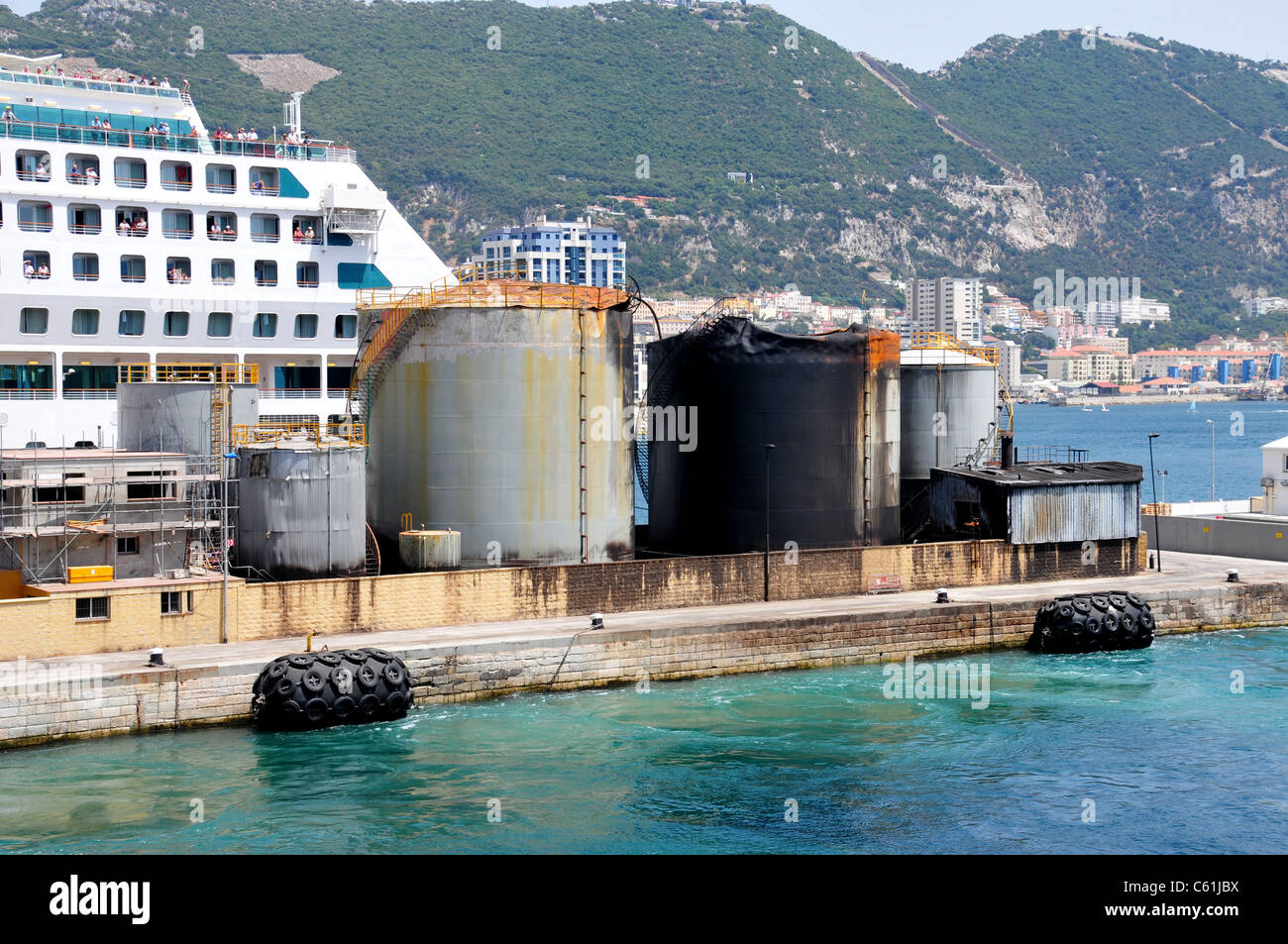 Fuel storage depot tanks by cruise terminal, Gibraltar following fire ...
