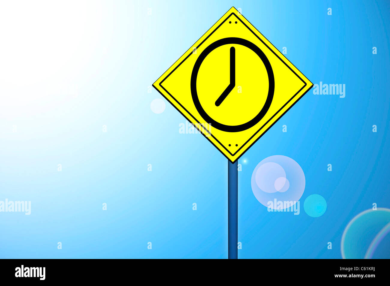 Clock shape on yellow road sign Stock Photo - Alamy