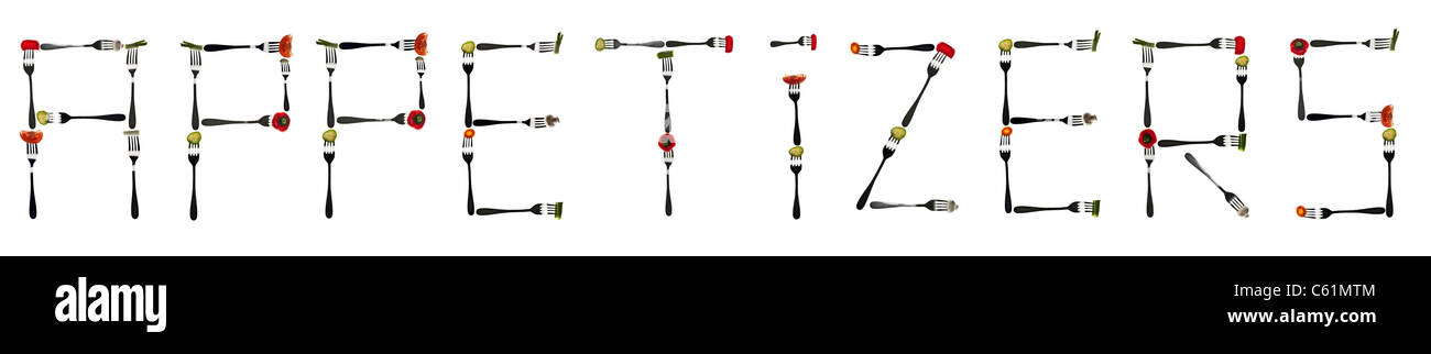 Appetizers word made of different type of food in forks Stock Photo - Alamy