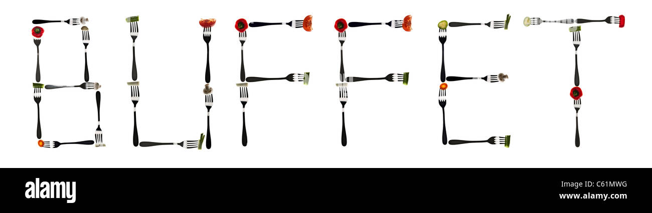 Buffet word made of different type of food in forks Stock Photo - Alamy