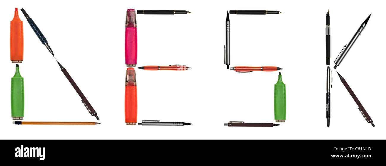 Desk word made of different type of writing tools Stock Photo - Alamy