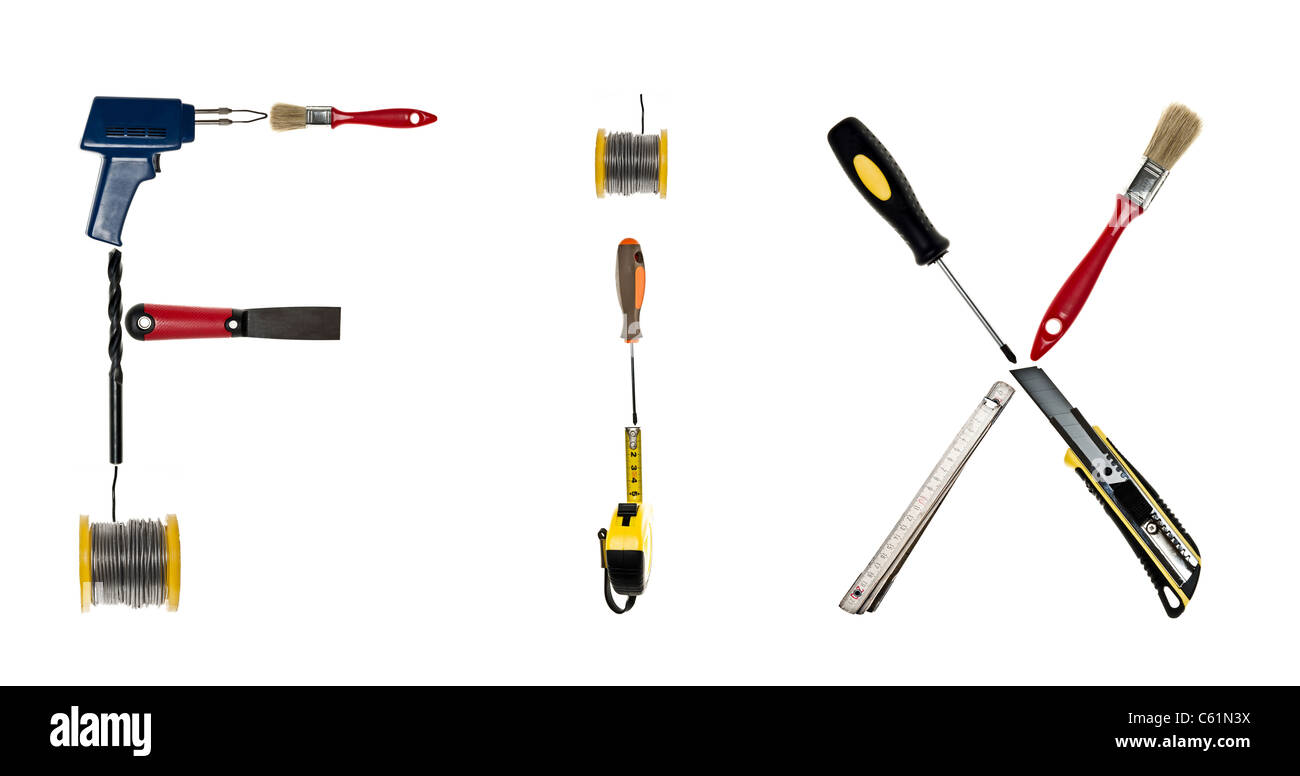 Fix word made of different hand tools Stock Photo - Alamy