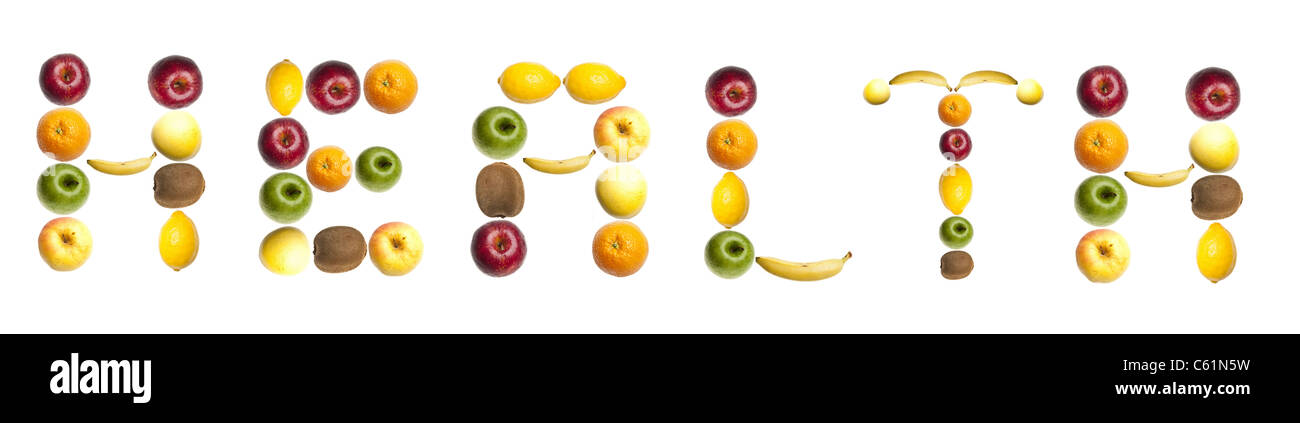 Health word made of different of fruits Stock Photo - Alamy