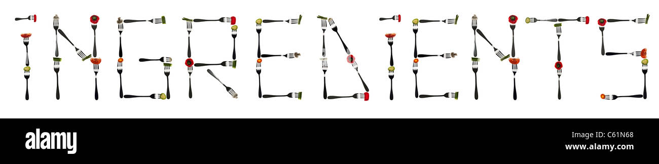 Ingredients word made of different type of food in forks Stock Photo ...