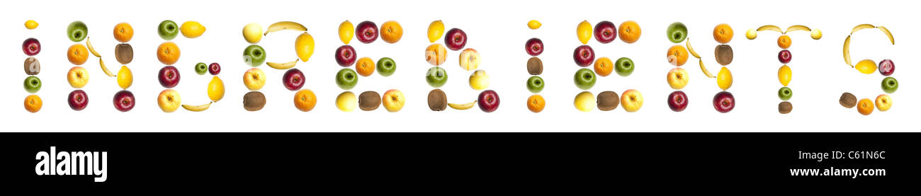 Ingredients word made of different of fruits Stock Photo - Alamy