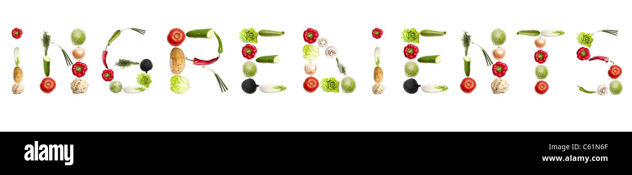 Ingredients word made of different type of vegetables Stock Photo - Alamy