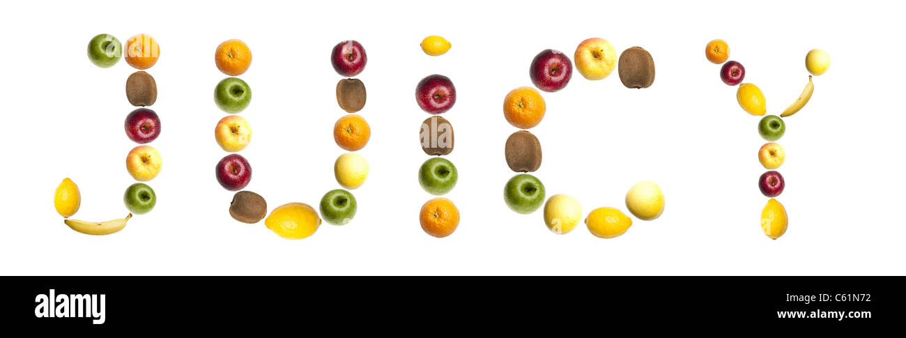 Juicy word made of different of fruits Stock Photo - Alamy