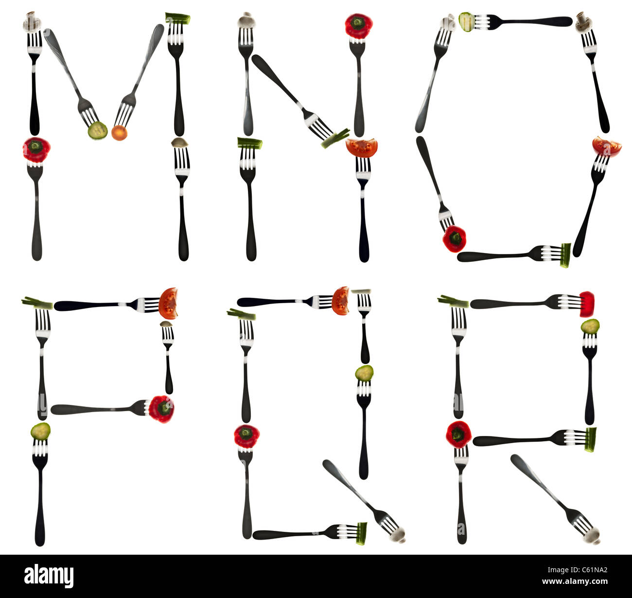 M to R letters made of cut food in forks Stock Photo - Alamy