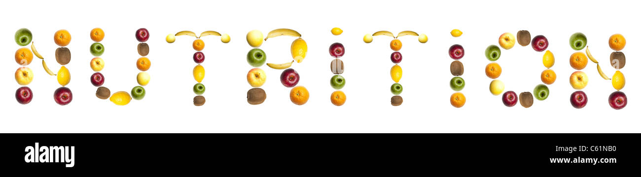 Nutrition word made of different of fruits Stock Photo - Alamy