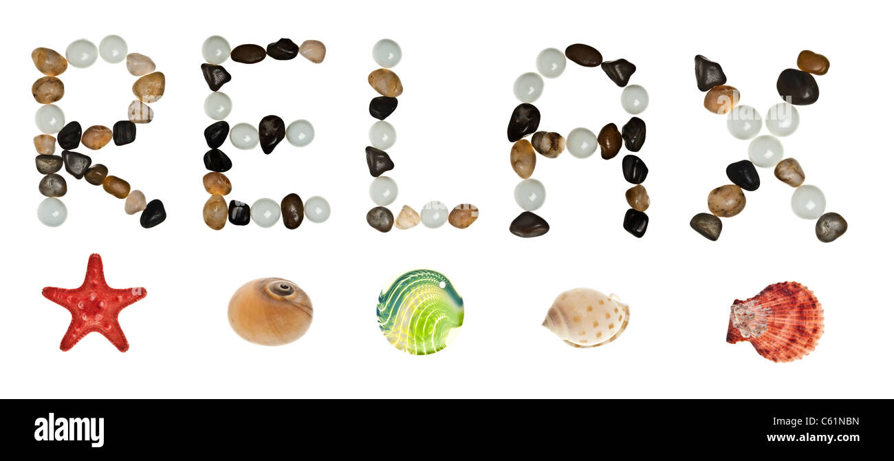 Relax word made of stones and sea objects Stock Photo - Alamy
