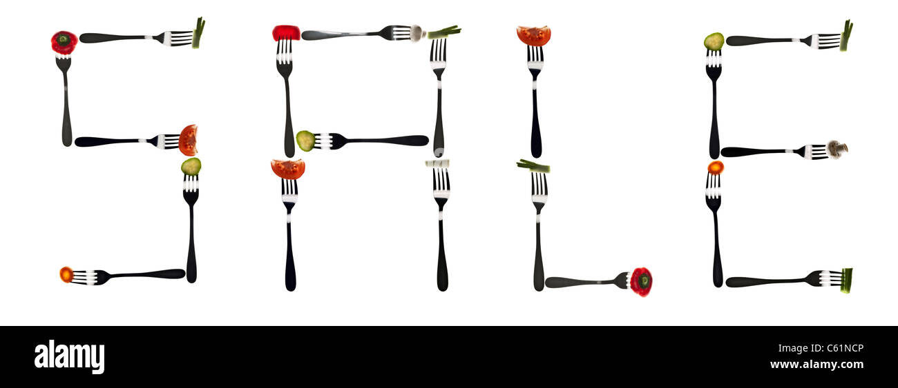 Sale word made of different food in forks Stock Photo - Alamy