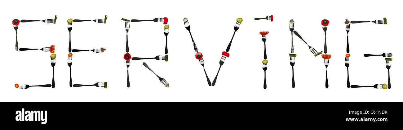 Serving word made of different type of food in forks Stock Photo - Alamy