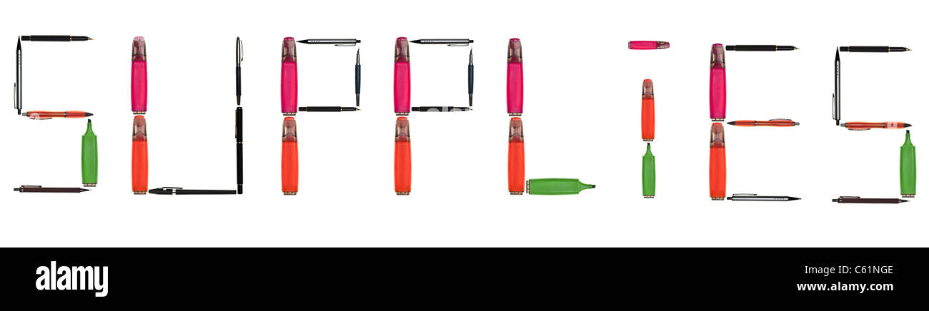 Supplies word made of different type of writing tools Stock Photo - Alamy
