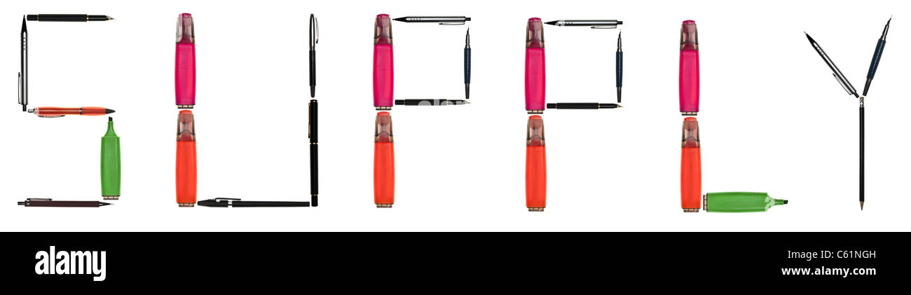 Supply word made of different type of writing tools Stock Photo - Alamy