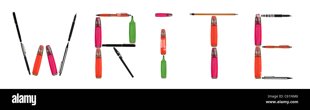 Write word made of different type of writing tools Stock Photo - Alamy