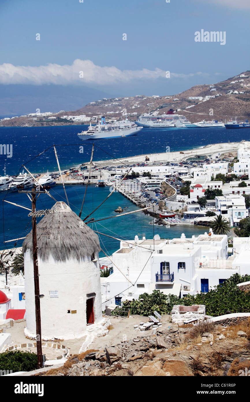 Mykonos, Greek island, part of the Cyclades. View over Mykonos city ...