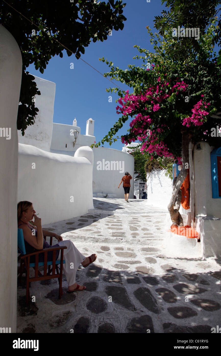 Old town, typical white and blue colors, Mediterranean island Mykonos ...