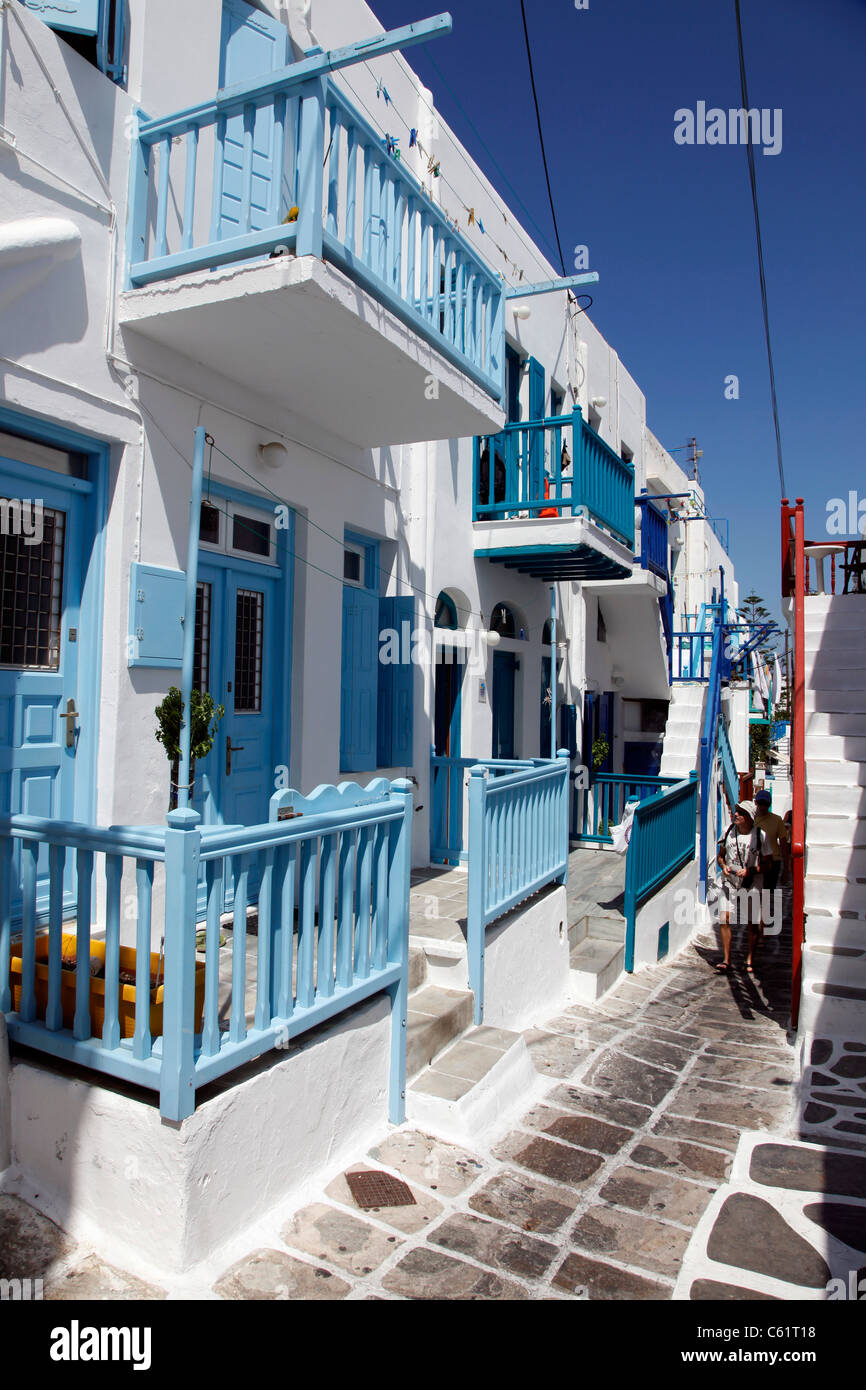 Old town, typical white and blue colors, Mediterranean island Mykonos ...