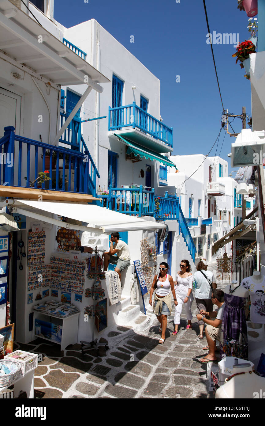 Old town, typical white and blue colors, Mediterranean island Mykonos ...