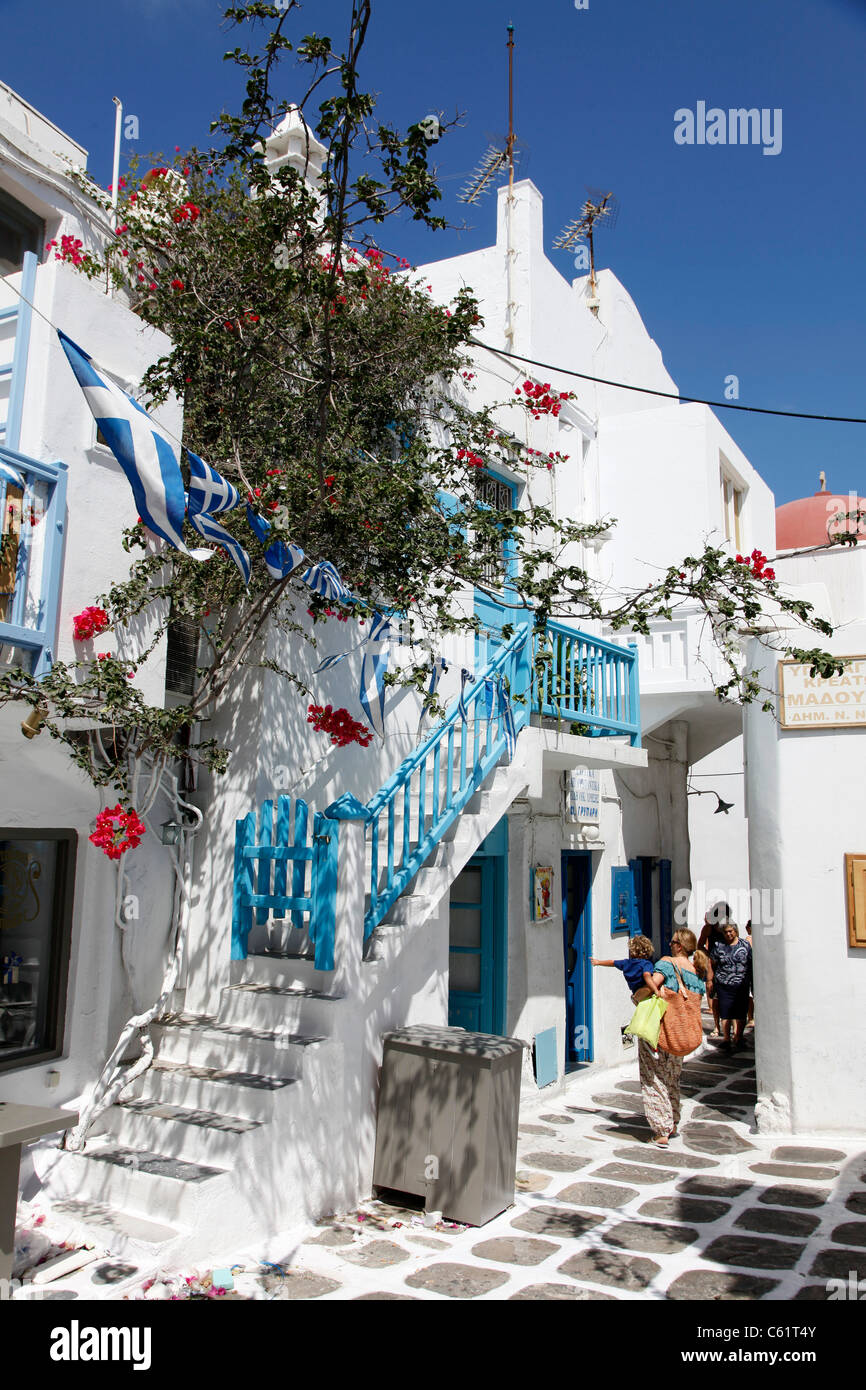Old town, typical white and blue colors, Mediterranean island Mykonos ...
