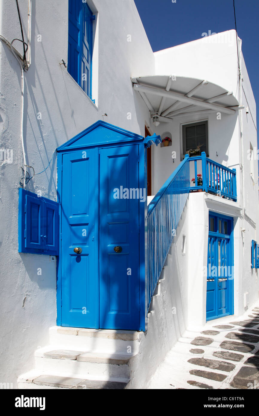 Old town, typical white and blue colors, Mediterranean island Mykonos ...