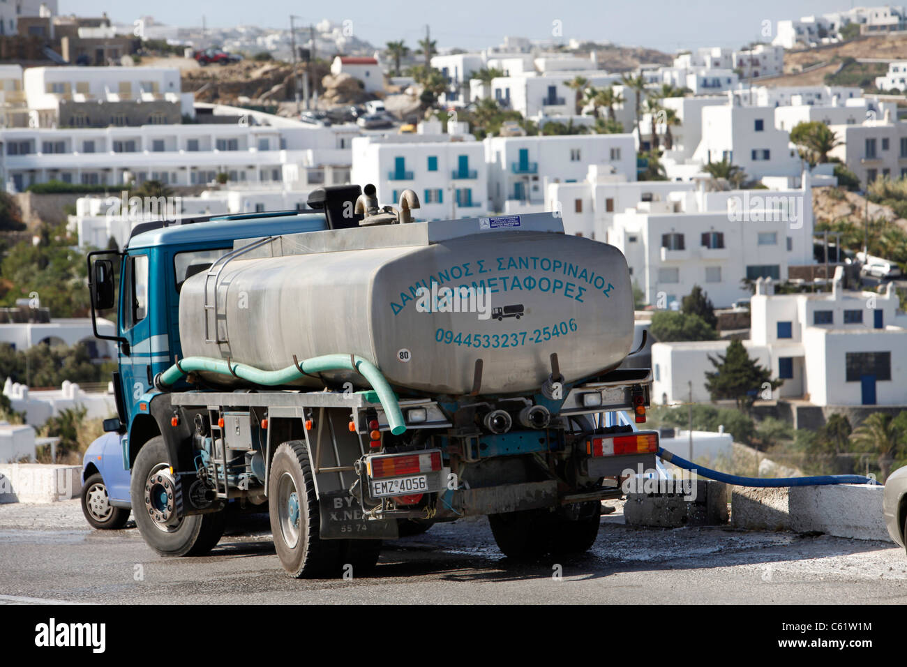 Sweet water tanker, delivers water to a private house, Mykonos, Greece ...