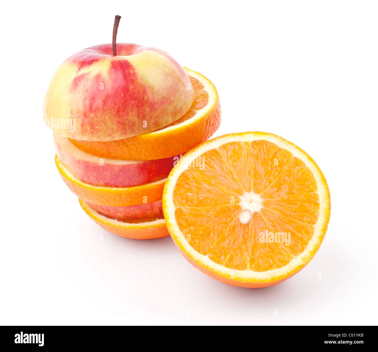 slices of apples and half orange isolated on white background Stock ...