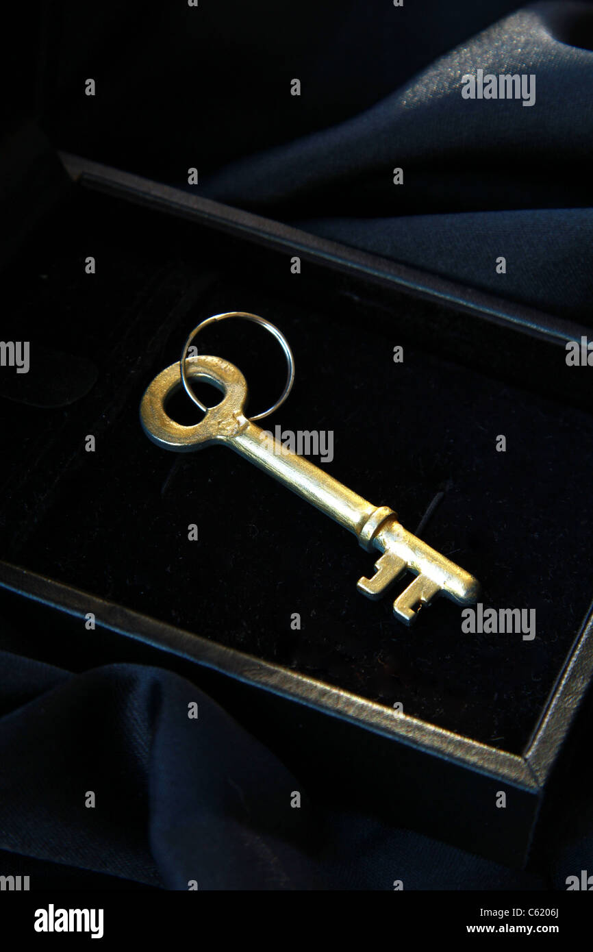 vintage golden key in the black box on a black background Stock Photo ...