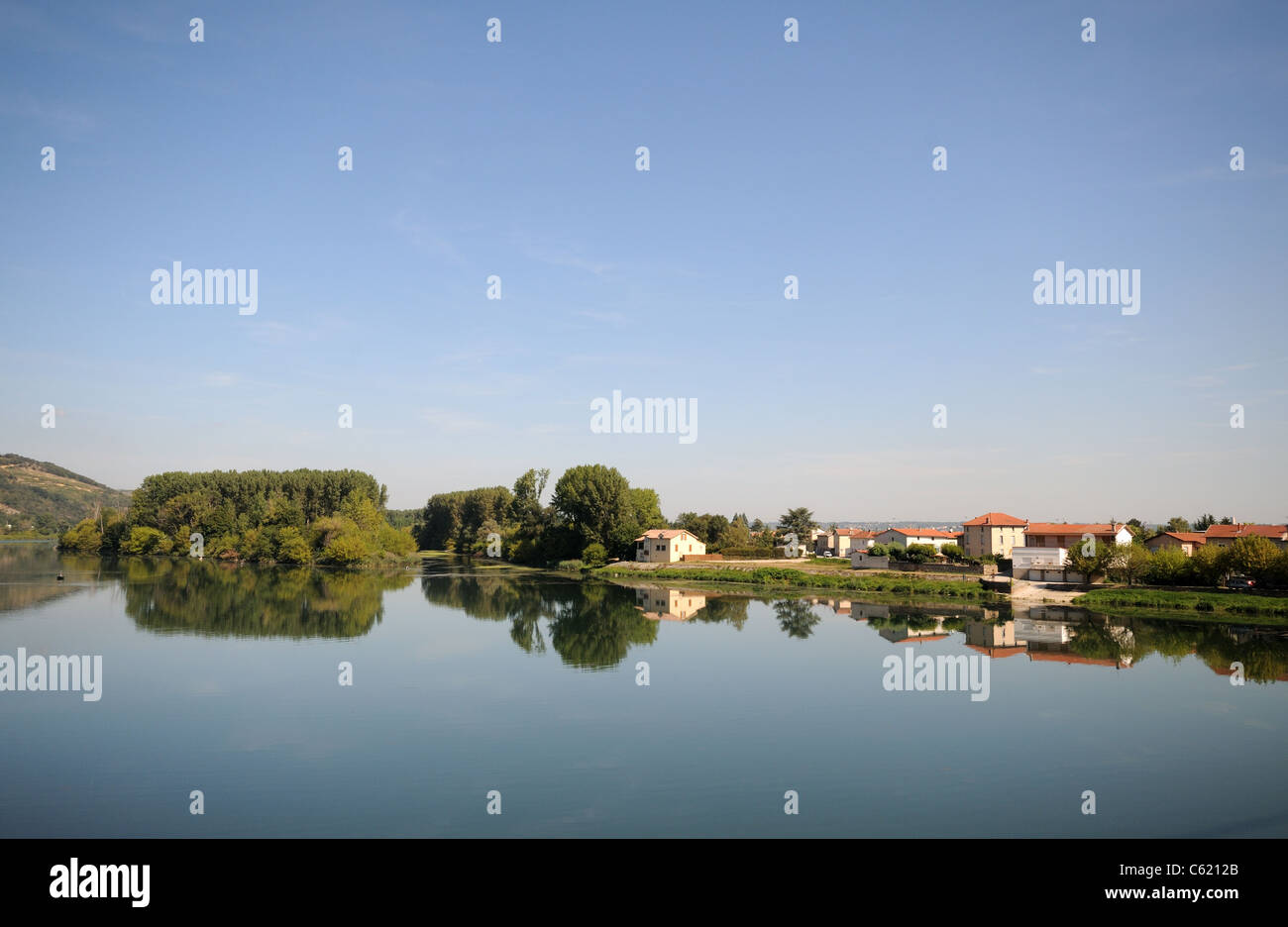 Panorama scene looking up the River Rhone from suspension road bridge ...