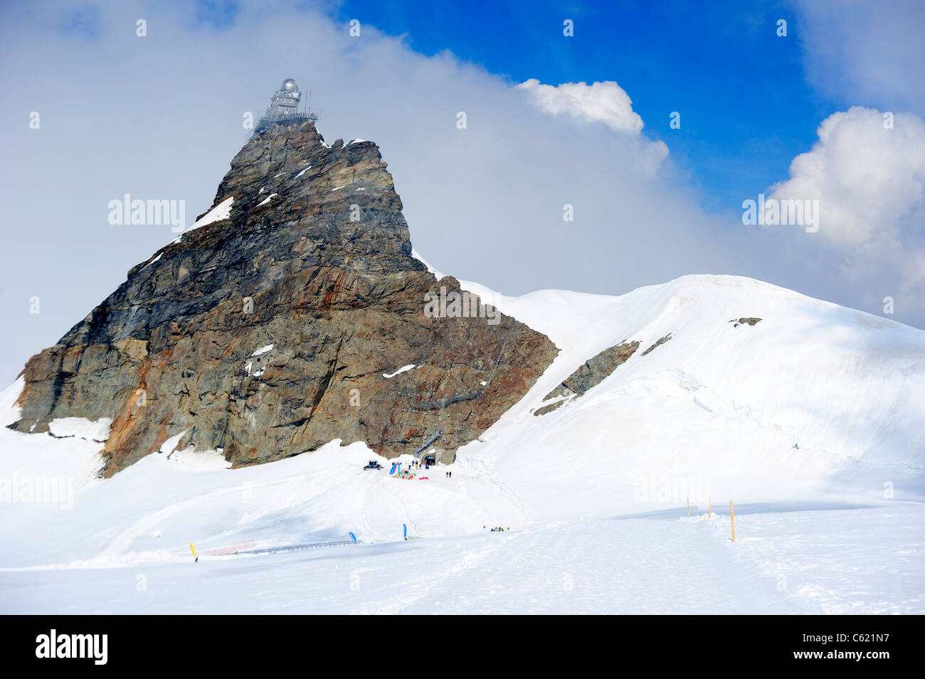 The Jungfraujoch in cloud, looking back at it from the path leading to ...